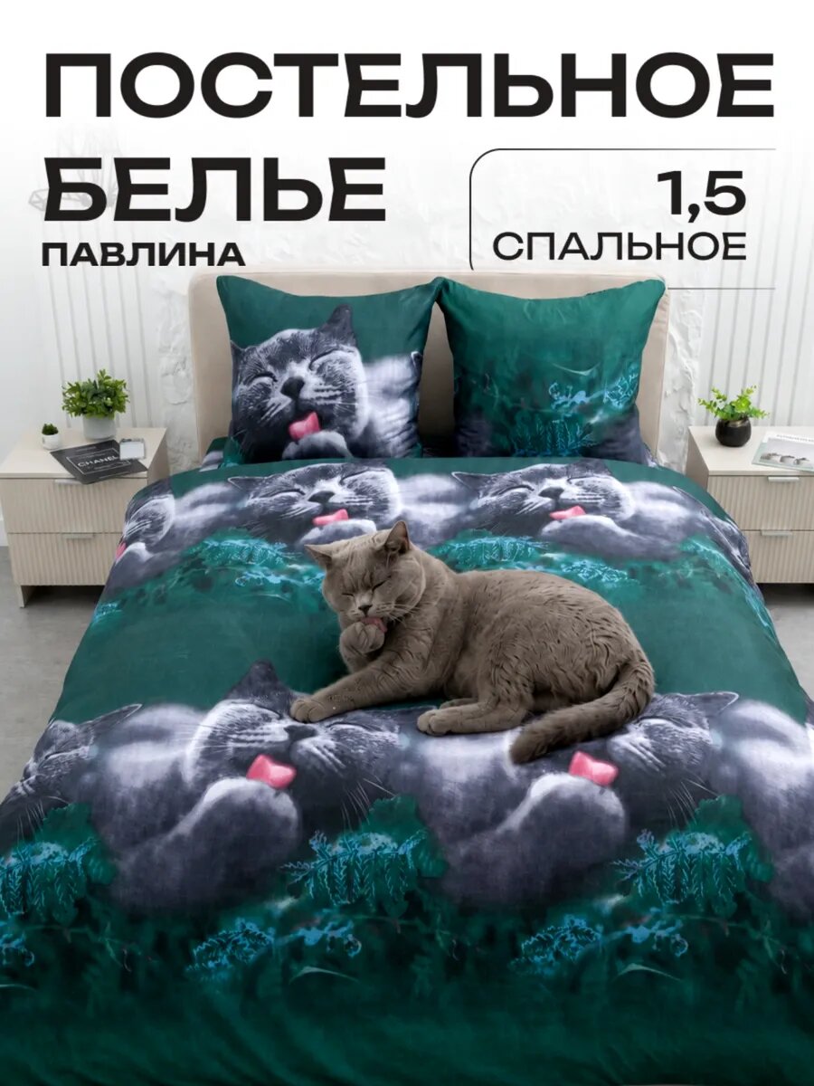 Постельное белье 1.5 спальное Павлина Кот с языком, Полисатин, наволочки 70x70