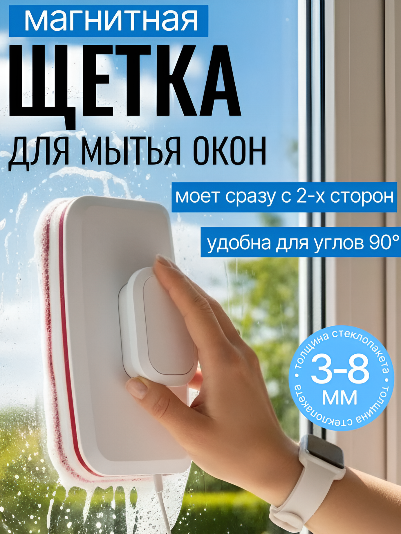 Магнитная щетка для мытья окон с двух сторон с водосгоном, окномойка