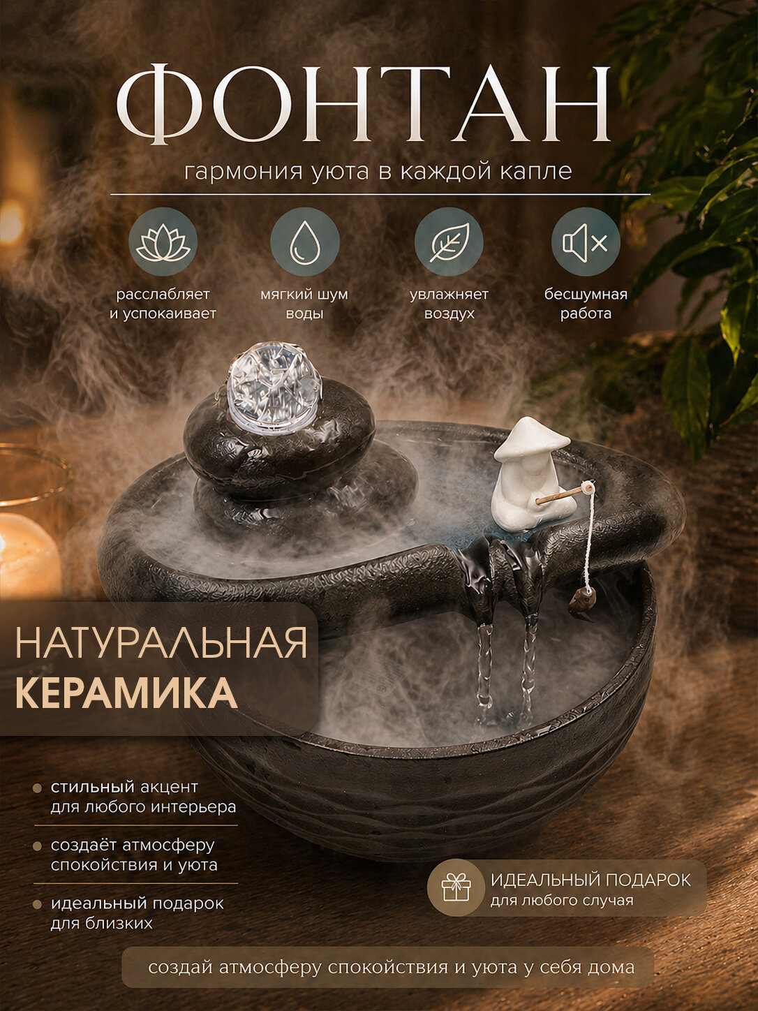 Фонтан декоративный "Рыбачок" настольный с подсветкой и дымом, керамика