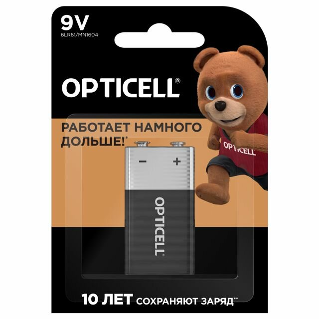 Батарейка OPTICELL Basic 9В алкалиновая 6LR61 1шт, с нейлоновым покрытием