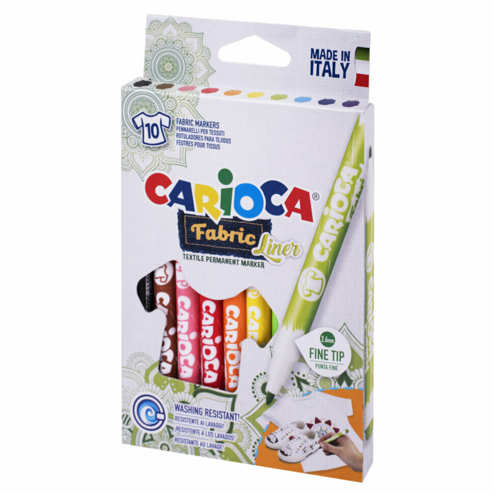 Маркеры для ткани CARIOCA (Италия) "Fabric", 10 цветов, круглый наконечник 2,6 мм, 42909, 151916