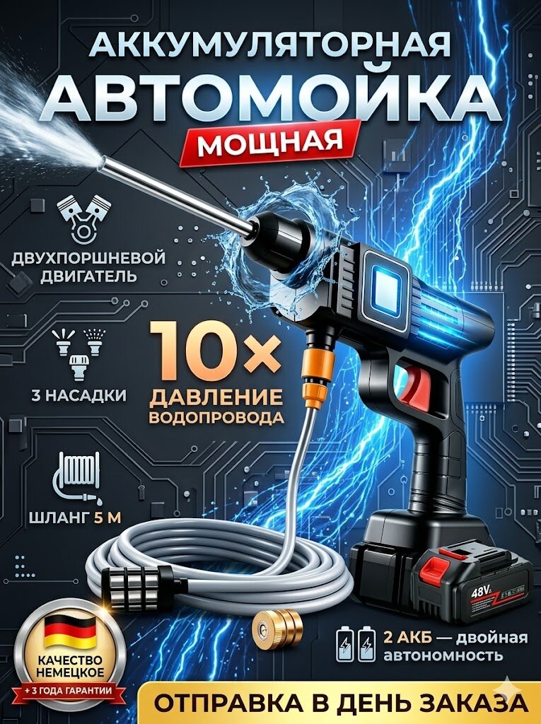 Мойка высокого давления аккумуляторная для автомобиля, Автомойка, в кейсе 2 аккумулятора, 3 насадки
