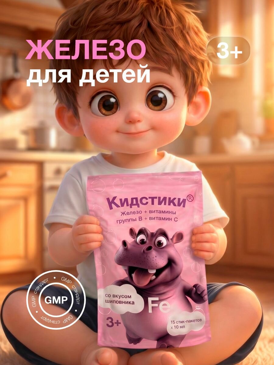 Железо витамины для детей и подростков, жидкие витамины детские с 3 лет, Кидстики, 15шт