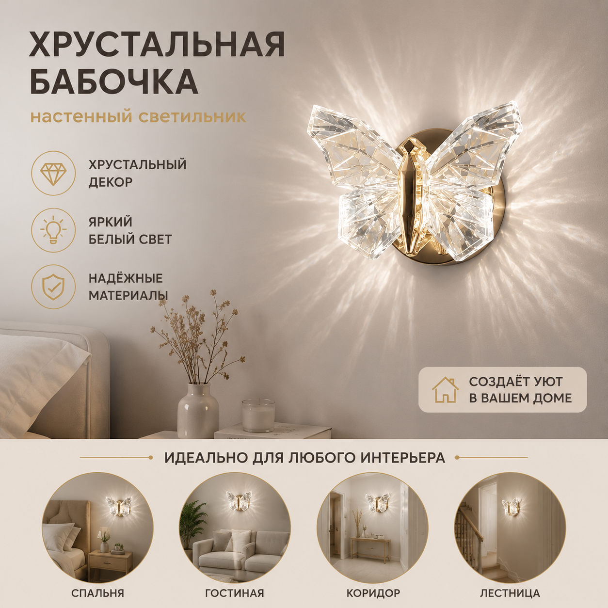 Светильник в виде бабочки Deco, светодиодный, 200х75х140мм, для гостиной, спальни, коридора-Трехцветный свет
