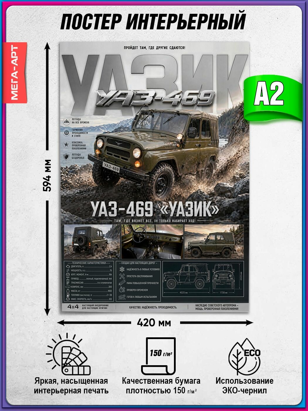 Интерьерный постер "Советский автомобиль" УАЗ-469 / Уазик / А2 (42х60 см.)