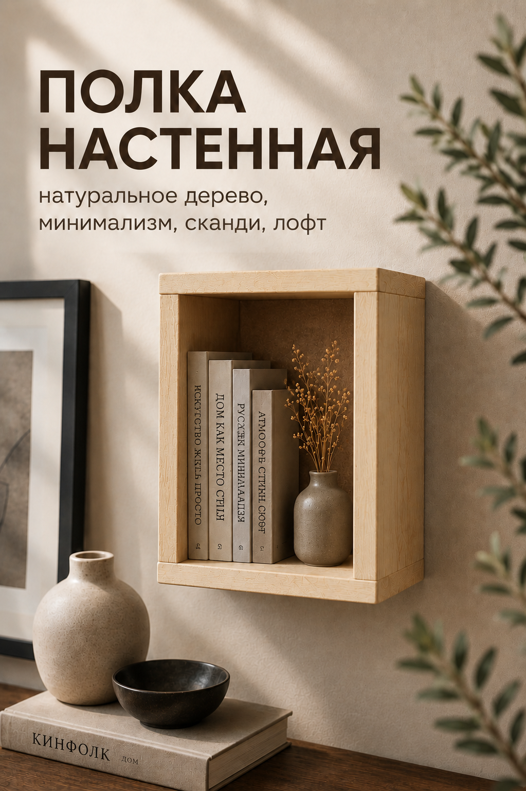 Полка настенная Belochka из натурального дерева 30×23×15 см, интерьерная, открытая, для книг и декора