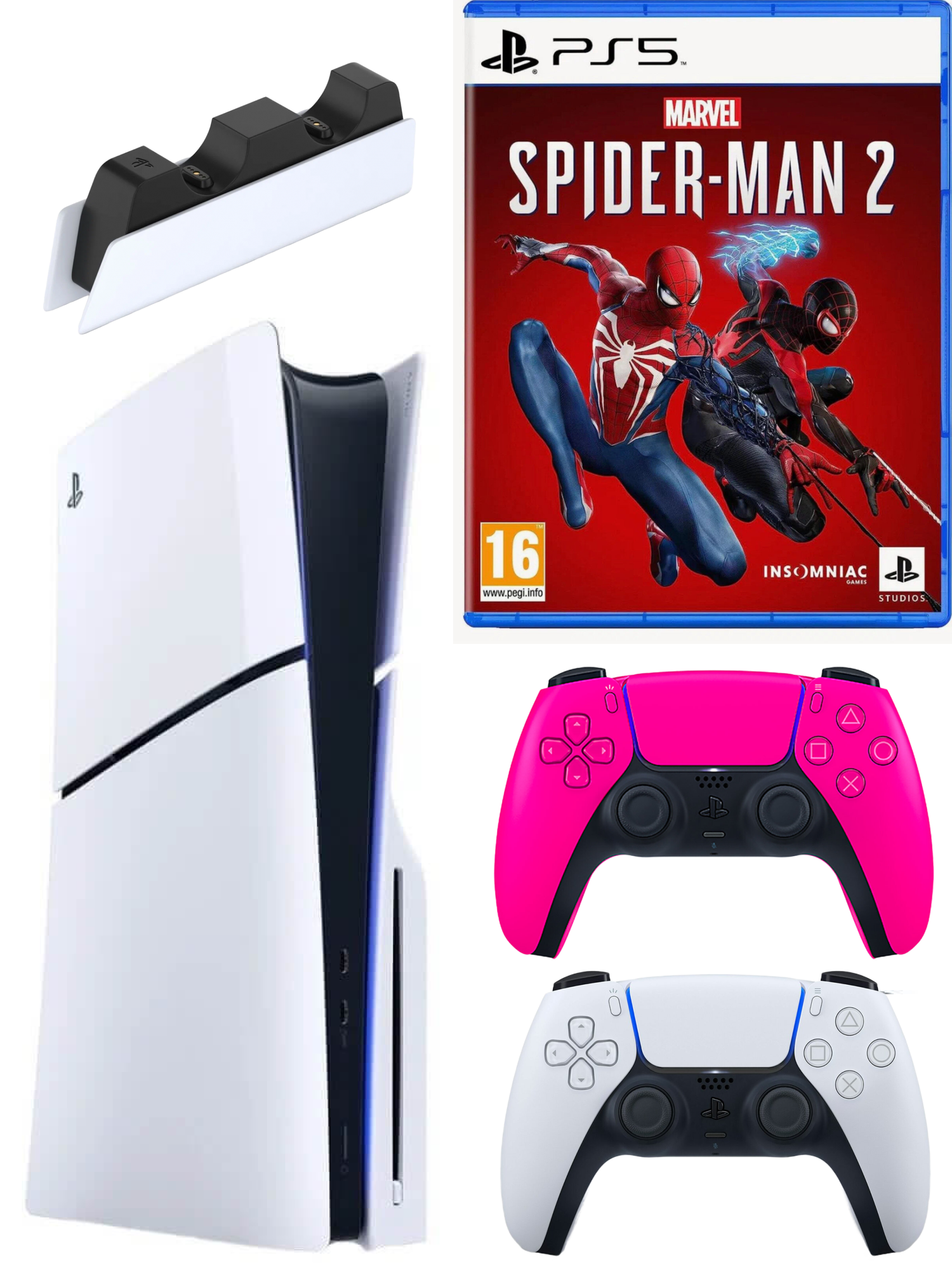 Игровая приставка Sony PS 5 Slim, 1ТБ(с дисководом)+2 геймпад(nova pink)+Зарядная станция+Marvel Spider Man 2