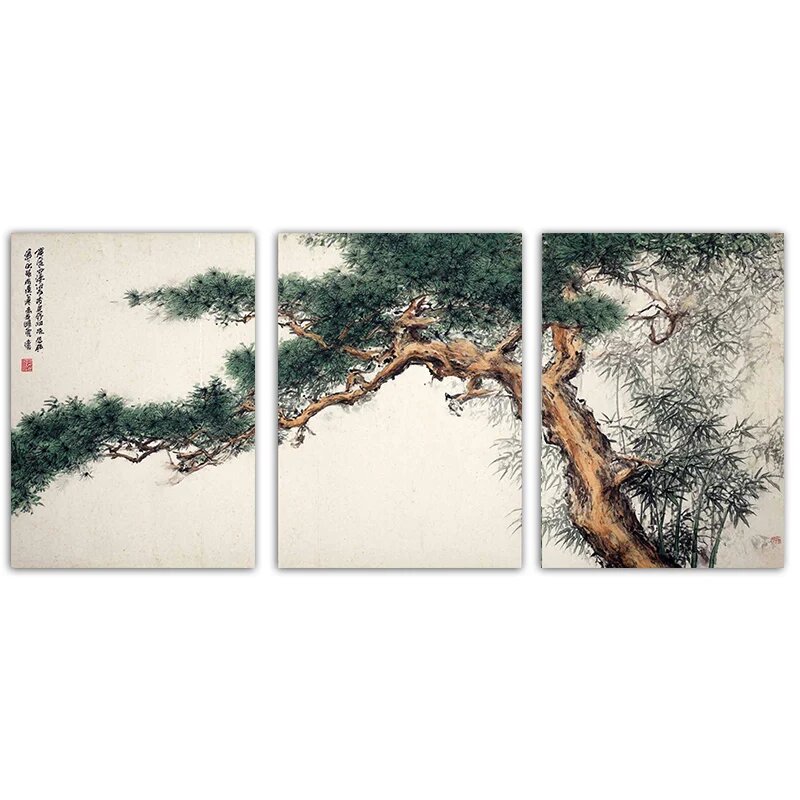 Набор из 3 постеров с китайскими соснами на холсте 50x70cm No Frame