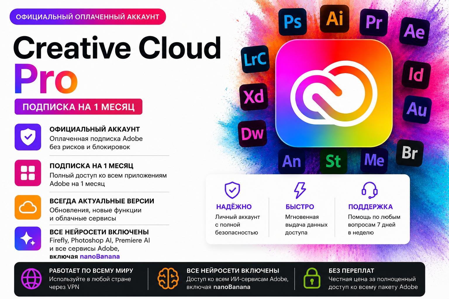Adobe Creative Cloud Pro готовый оплаченный аккаунт с подпиской на 1 месяц, нейросети Nano Banana и другие, 4к кредитов