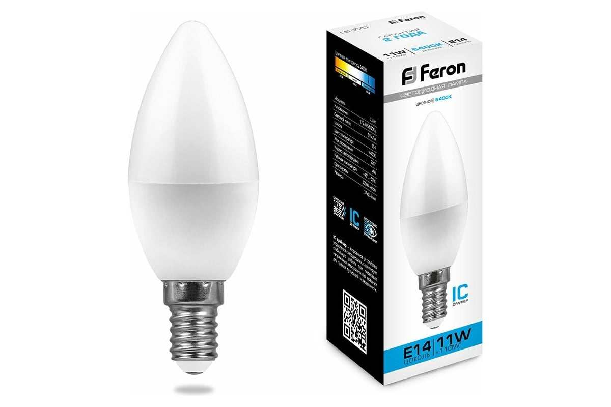 Лампочка светодиодная Feron 11Вт 230V E14 6400K С37, LB-770, 25943