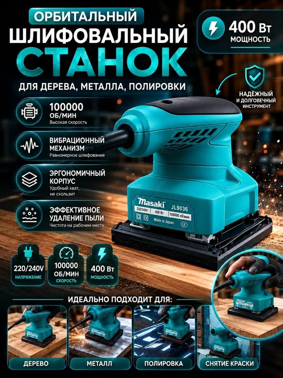 Орбитальный шлифовальный станок 400 Вт для дерева, металла, полировки.