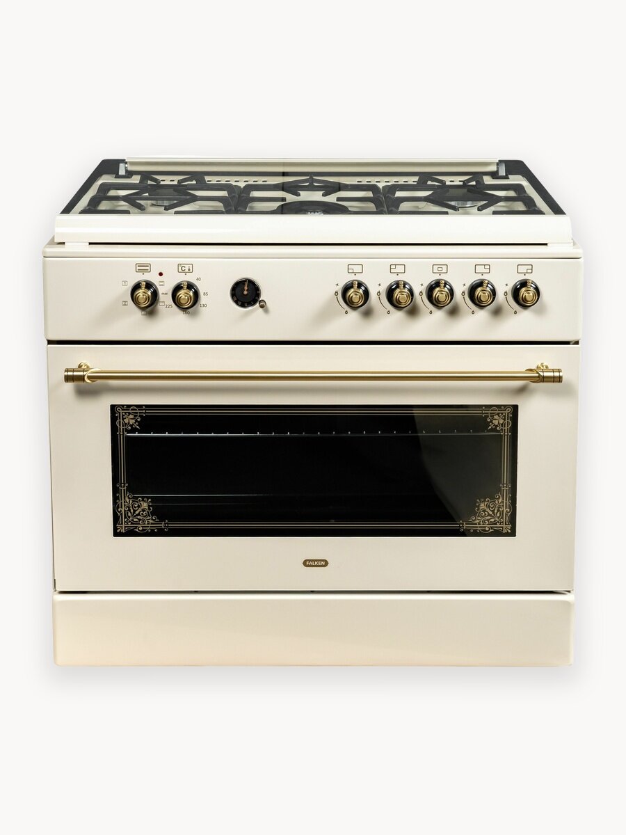Газовая плита 90 см, FALKEN G-9005 , ретро дизайн, электродуховка , чугунные решетки , газ-контроль