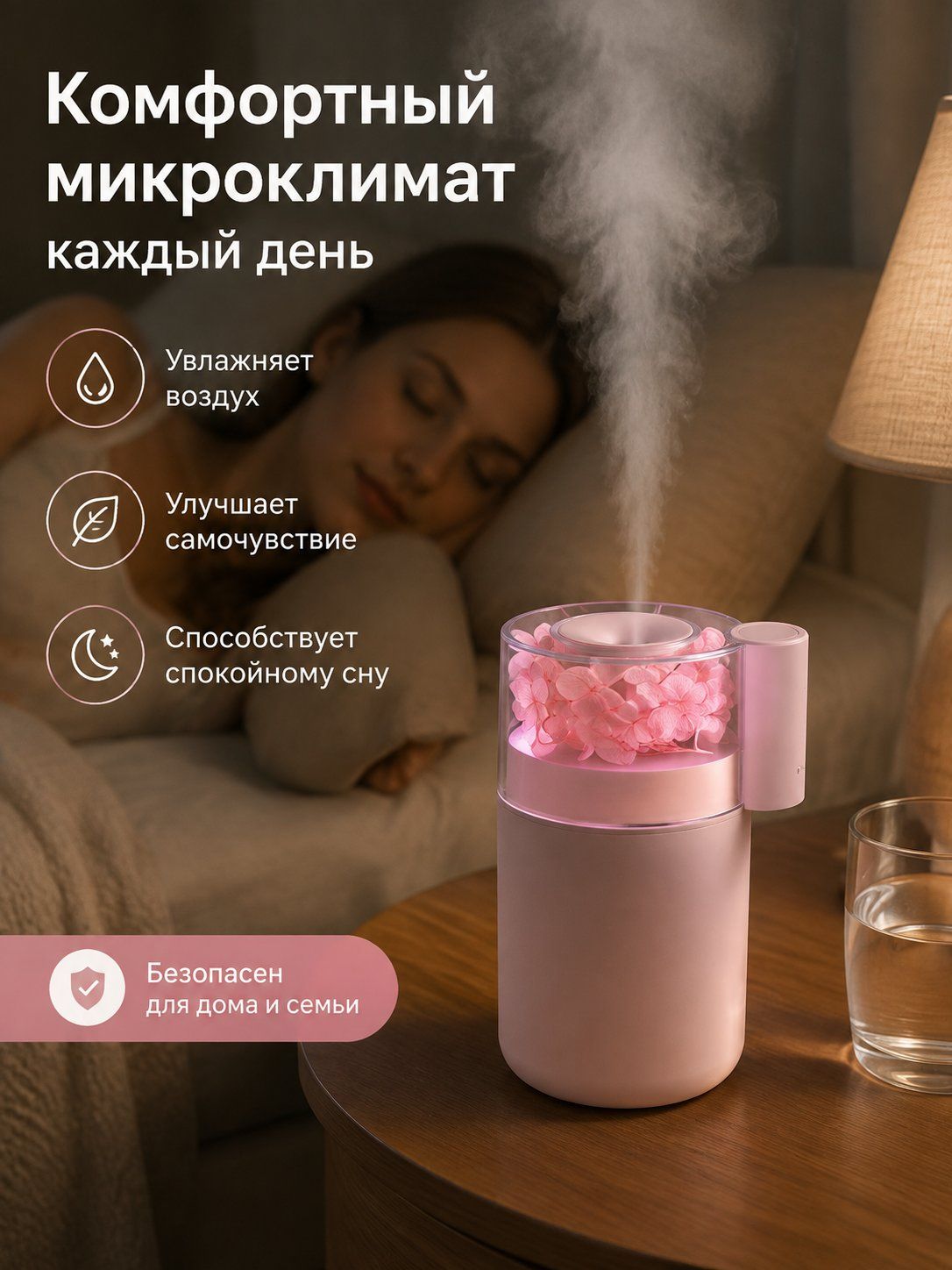 TRUSTMI Увлажнитель воздуха с вечными цветами и LED-подсветкой, белый, 36 дБ, для помещений до 10 м, сиреневый
