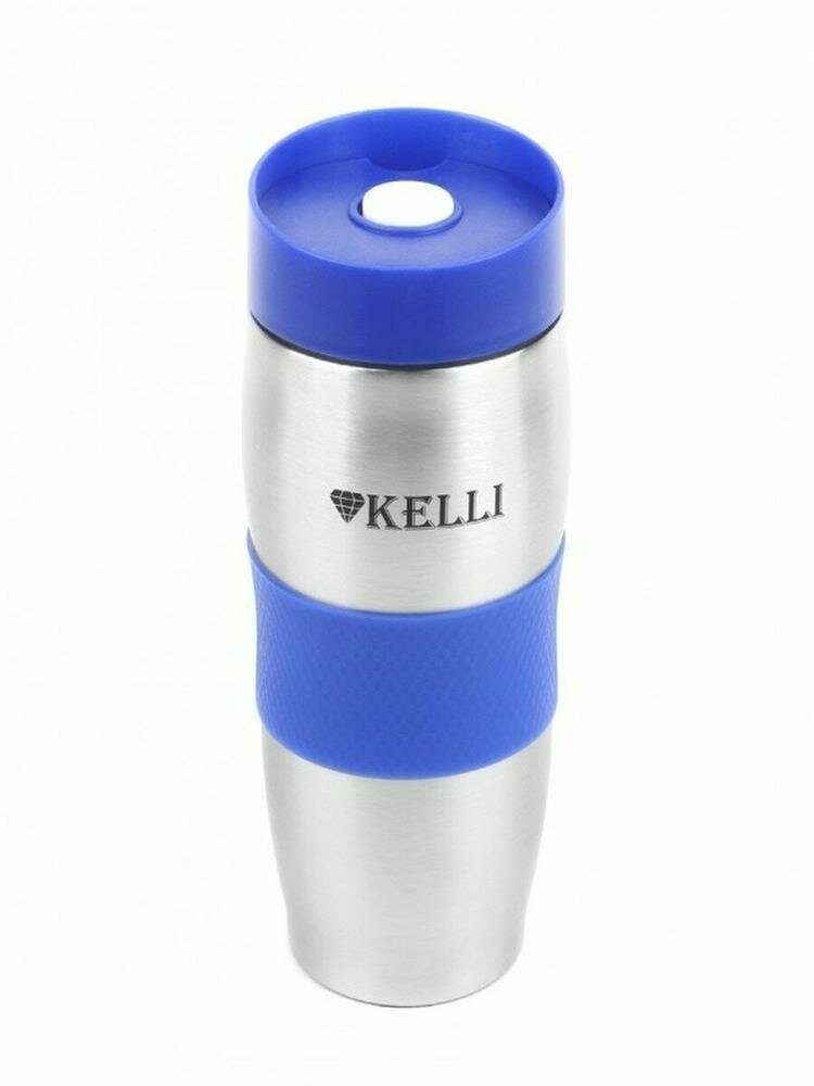 Термостакан KELLI KL-0942, 0.4 л, нержавеющая сталь, синий/серебристый — фото 1