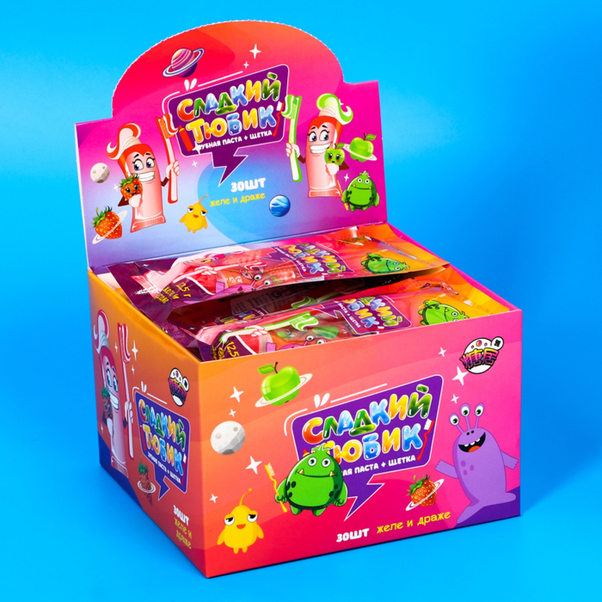 Желе и сахарное драже Сима-ленд «Сладкий тюбик», без глазури, клубничный вкус, 30шт, 375г