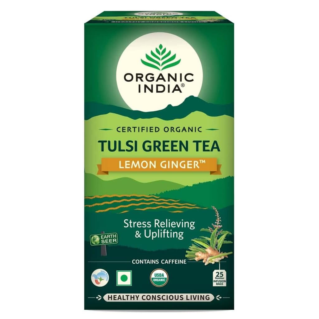 Зеленый чай Тулси с лимоном и имбирем Органик Индия (Tulsi Green Tea Lemon Ginger Organic India) 25 пакетиков по 1.8 г