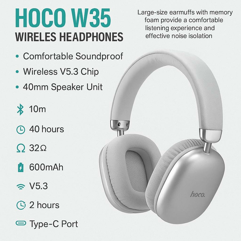 Беспроводные наушники Hoco W35,40 часов работы , серебристый/чёрный