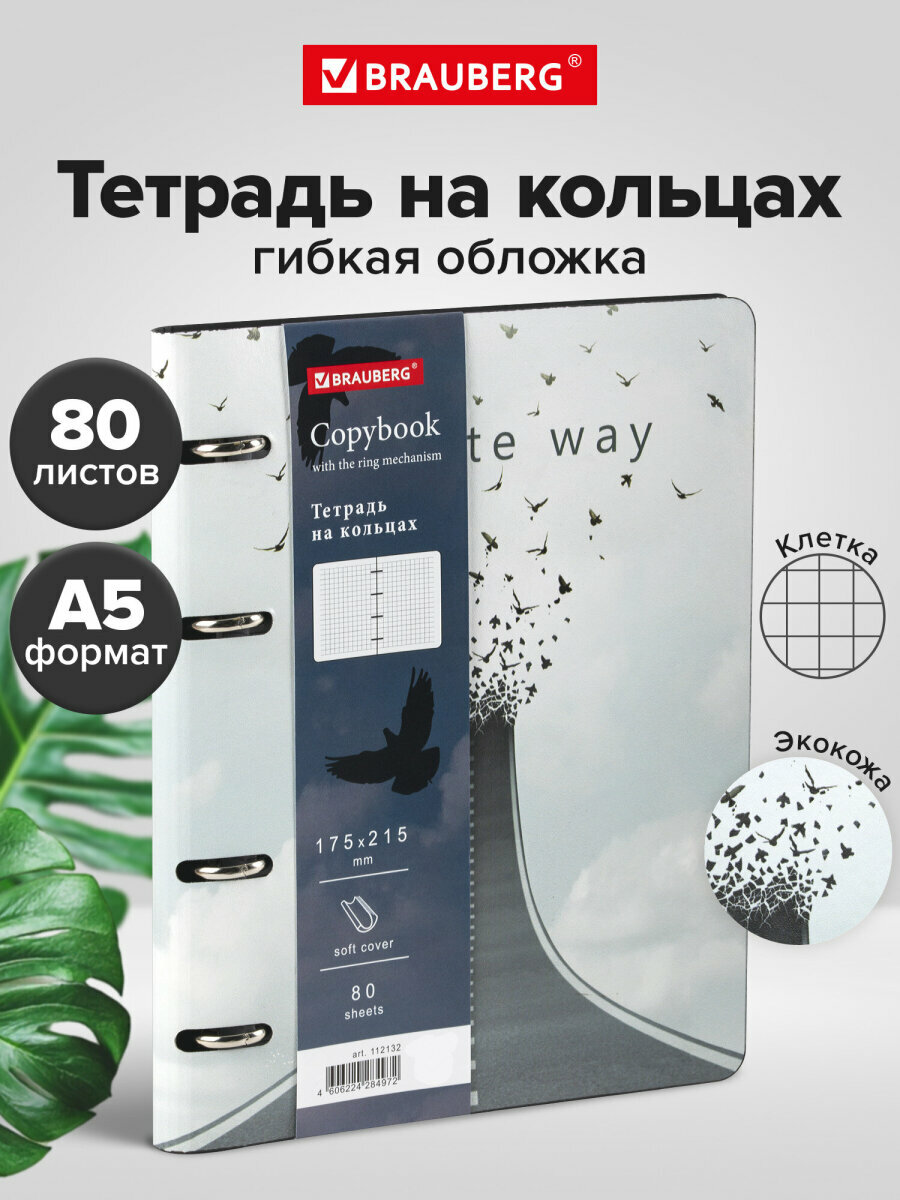Тетрадь на кольцах со сменным блоком для учебы А5 (180х220 мм), 80 листов, под кожу, Brauberg Vista, Infinite way, 112132