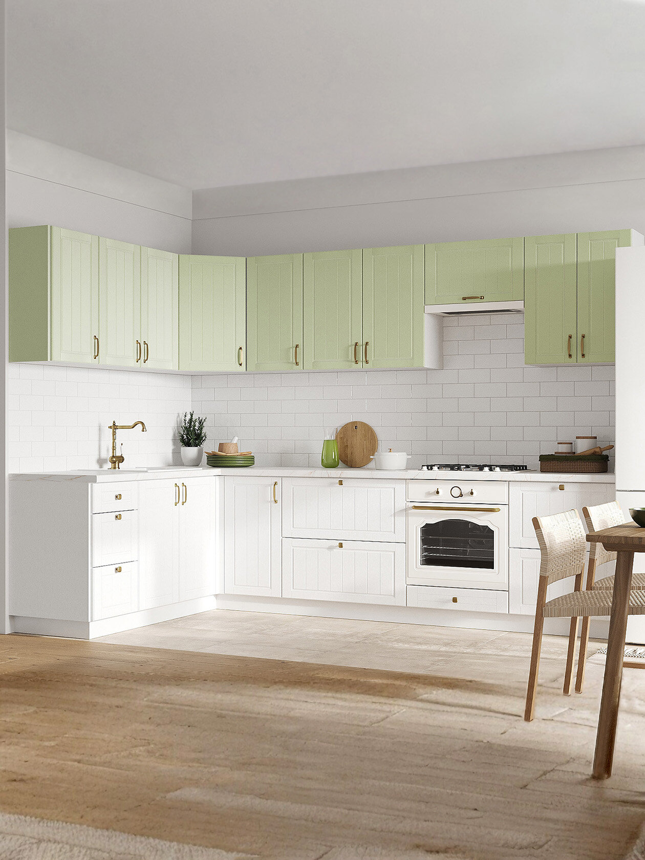 Кухонный гарнитур угловой Флоренс 3х1.8 м, мебель для дома и кухни, Белый / Фисташковый структурный / Белый текстурный