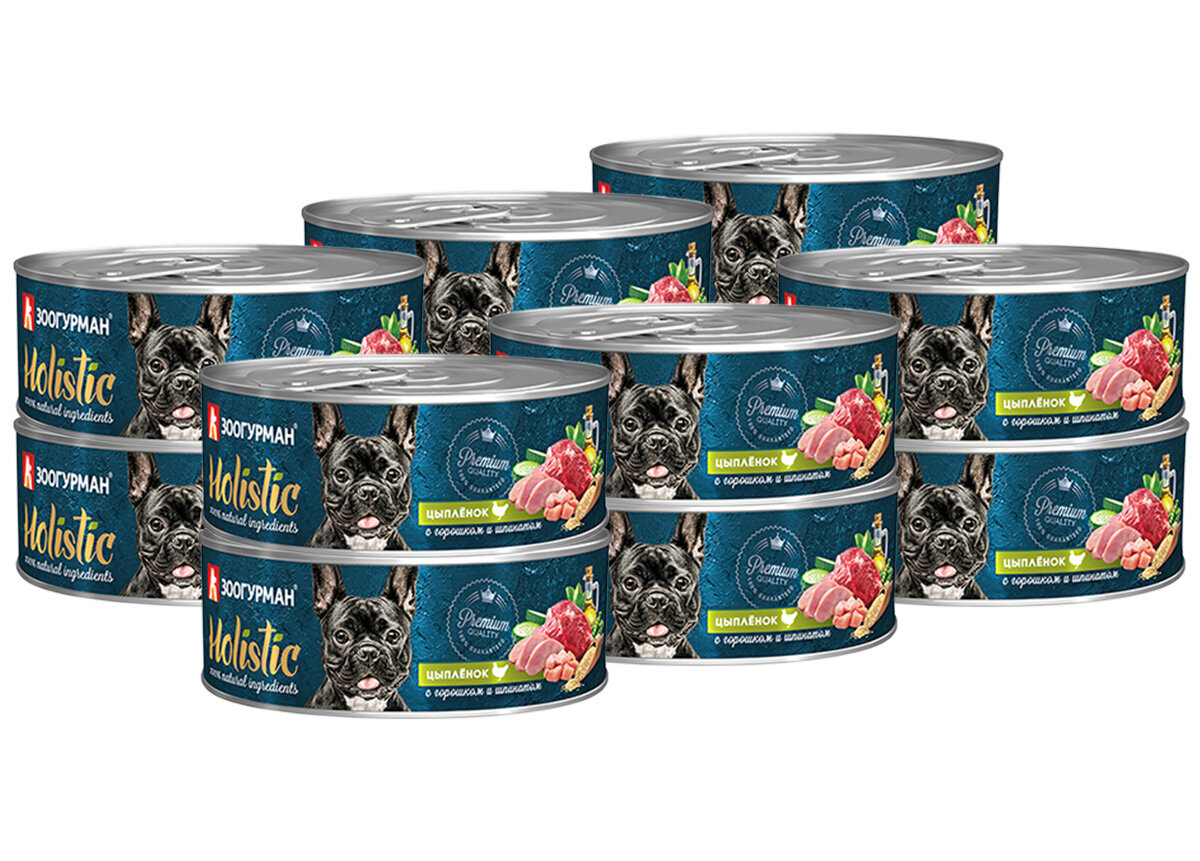 Корм влажный Зоогурман Holistic для взрослых собак, цыплёнкок, горошек и шпинат, 100 г х 12 шт