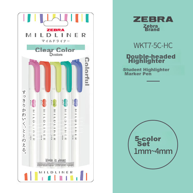 ZEBRA Brand Highlighter WKT7 5-Color Set, Light And Warm Series, Dual-Tip Highlighter, Student Marking Pen, WKT7-5C