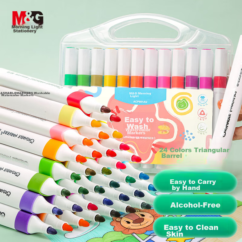 Chenguang (M&G) 24-Color Washable Watercolor Markers, Children's Triangular Handle Drawing Pens, Art Painting Set, Handcraft ACP901AU, 1 Box (With 1 Eraser Included)