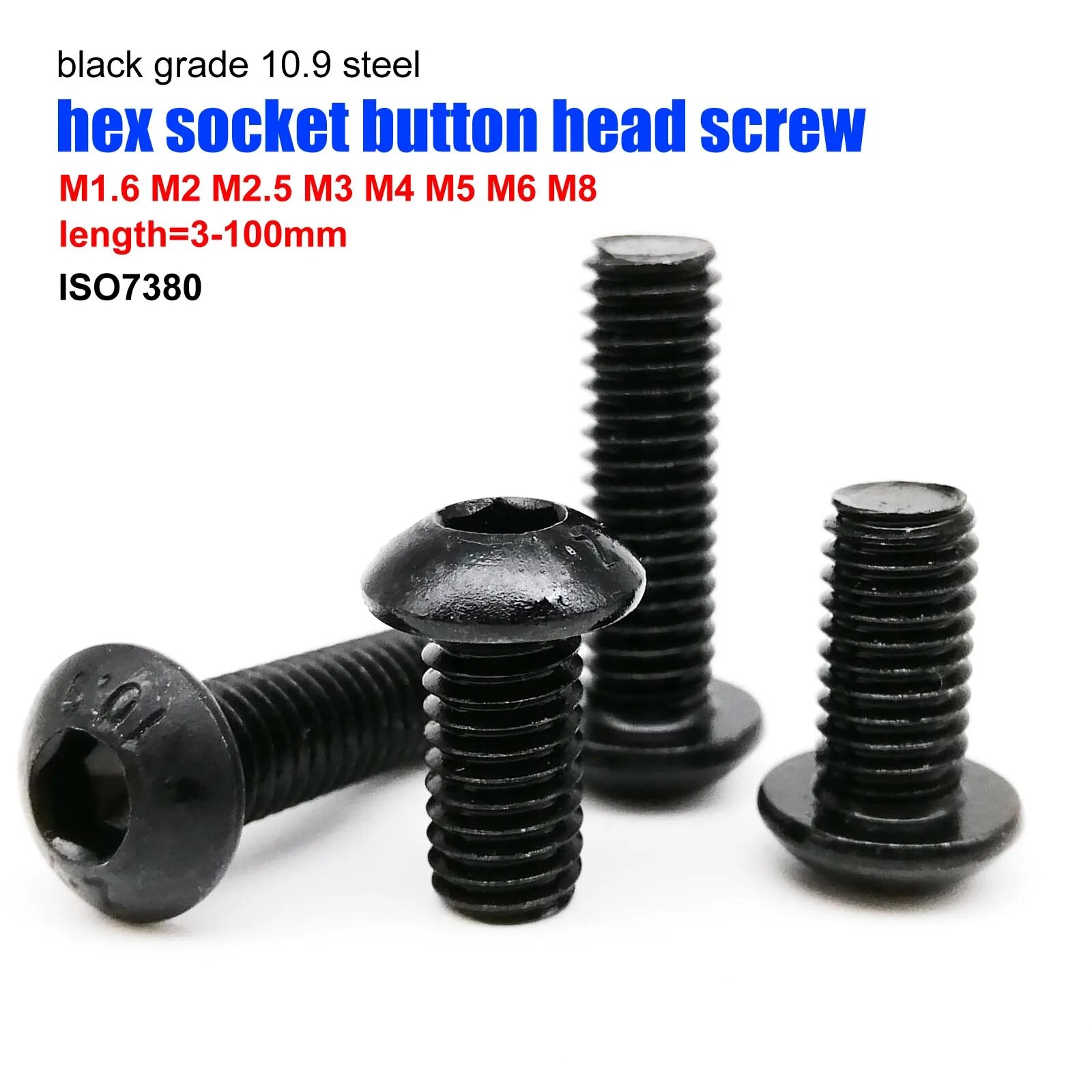 Стальные шестигранные болты Michastu ISO7380 M1.6-M8 черный класс 10.9 L=3-80 мм M2 50pcs, 16mm