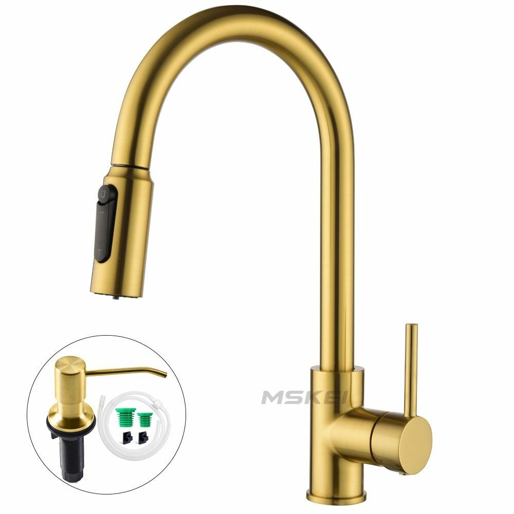 Смеситель для кухни с подключением фильтра и выдвижной лейкой MSKEI MS 9030, Латунь