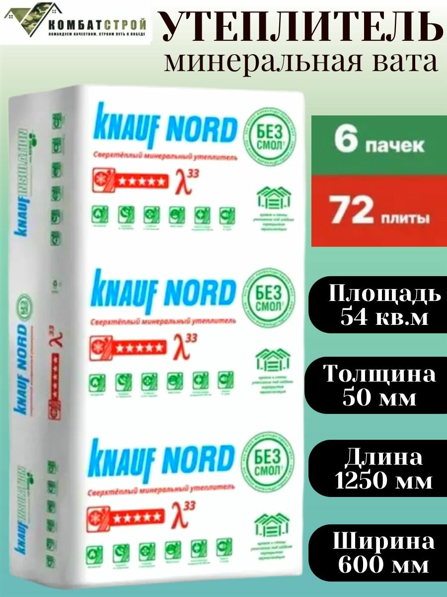 Минеральный утеплитель 50мм, 6 упаковок, 72 плиты, 54 м2, КНАУФ Nord 033 Норд