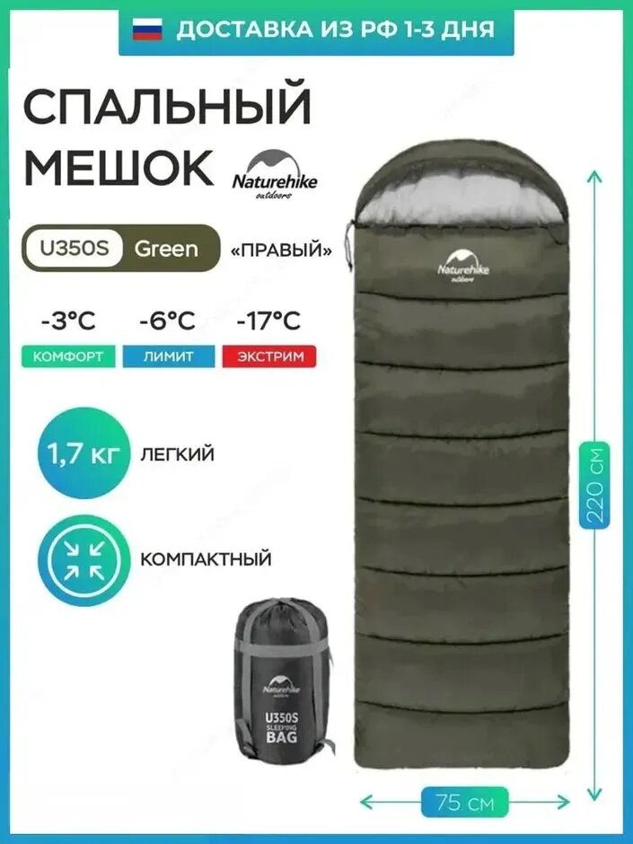 Спальный мешок Naturehike u350s / до -17C, вес 1.7 кг, зеленый, молния справа / превращается в двухместный спальник