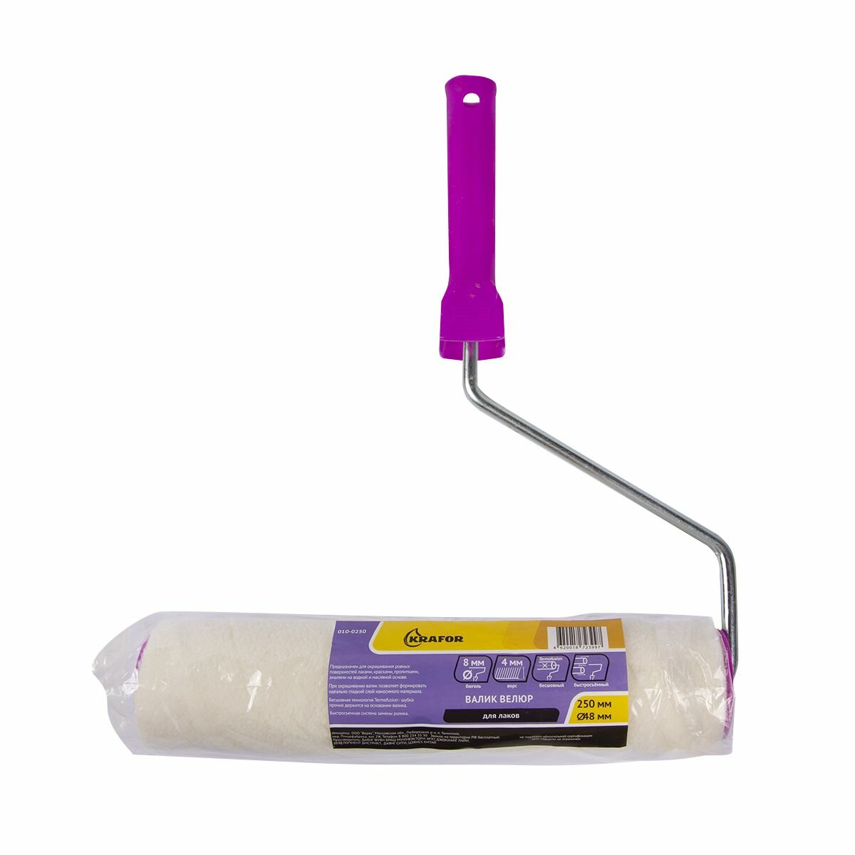 Валик для лака Krafor велюровый, диаметр 48 мм, длина 250 мм, ворс 4 мм, бюгель 8 мм, в сборе