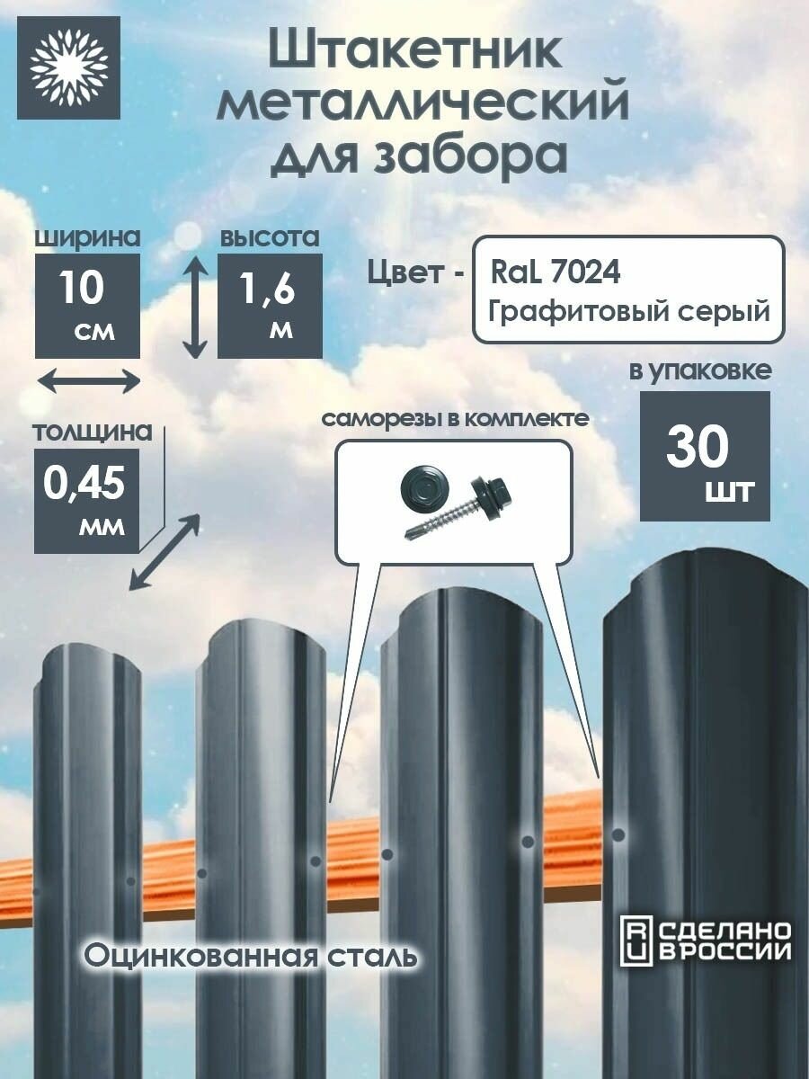 Металлический штакетник односторонний 1,6 м цвет: RAL 7024 Графитовый серый, упаковка 30 штук