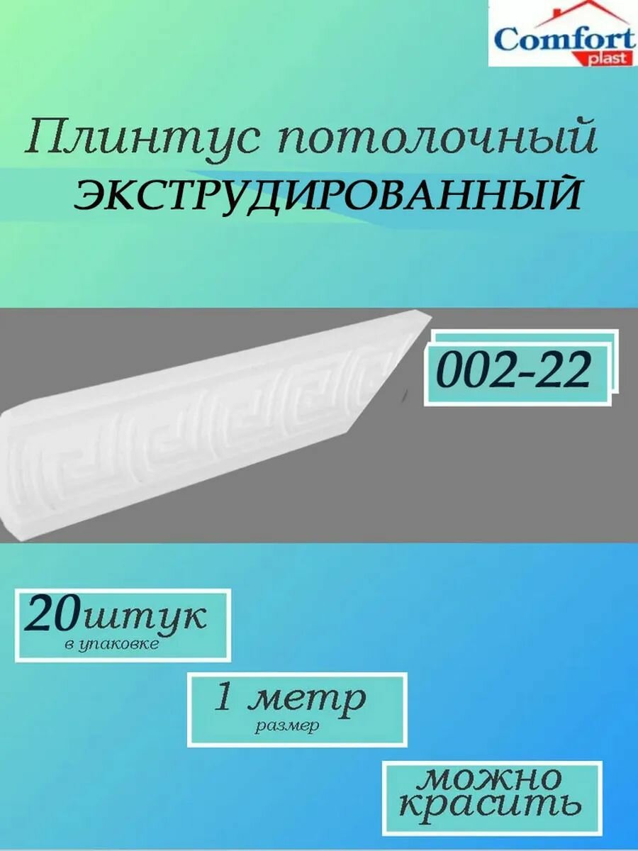 Плинтус белый потолочный, ламинированный экструдированный, бюджетный, длина 1 метр, 20 штук в упаковке, 02-22(20)