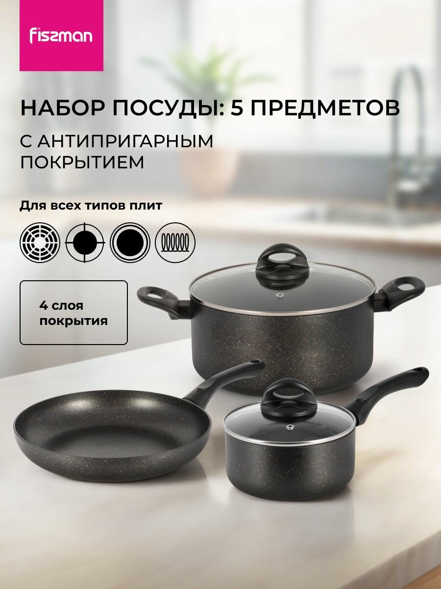 Набор посуды для приготовления FORDE с антипригарным покрытием из 5 пр: (Сковорода -24x4,5 см; Кастрюля-24х10 см/4,15л; Ковш-16х8 см/ 1,5л)
