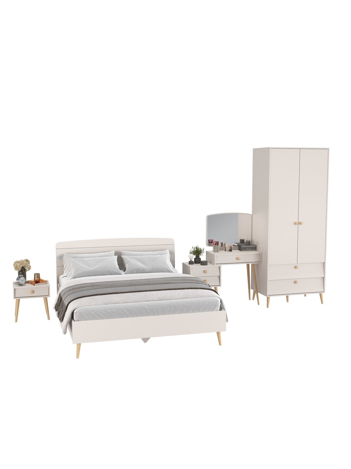 Шкаф-комод Афина с трюмо и двуспальной кроватью 11600 с прикроватной тумбочкой, кашемир серый, 4 предмета