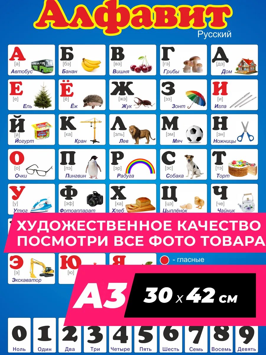 Плакат алфавит русский на стену Буквы и животные A3