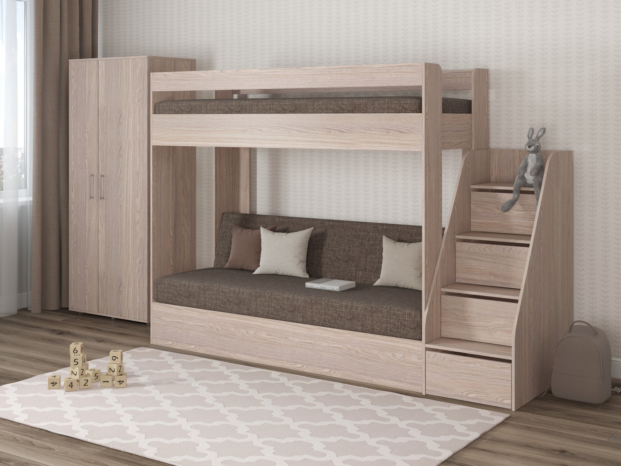 Кровать двухъярусная с диваном, матрасом и комодом Есэндвич Лаворо (Анкор светлый/Savana Latte)