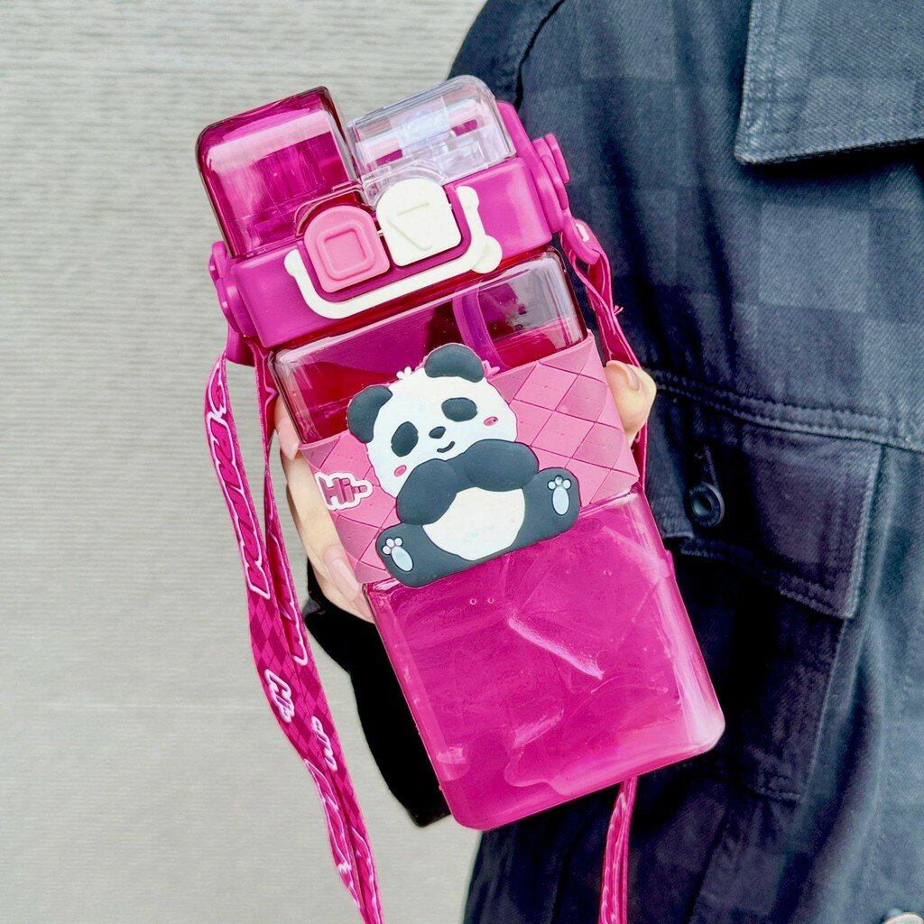 Cute panda water container with builtin straws for outdoor activities and school use