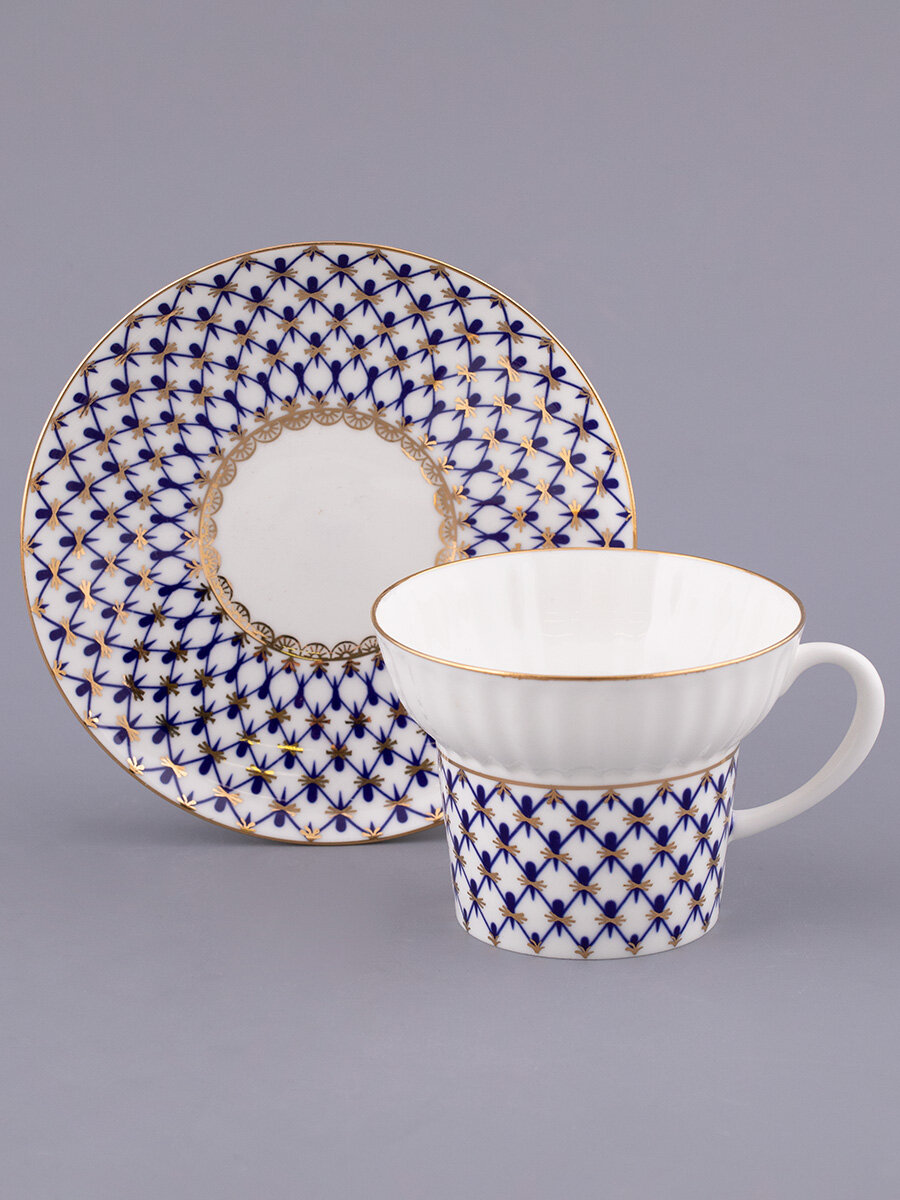 Чайная пара Кобальтовая сетка форма Волна, Императорский фарфоровый завод, , костяной фарфор, 155 мл