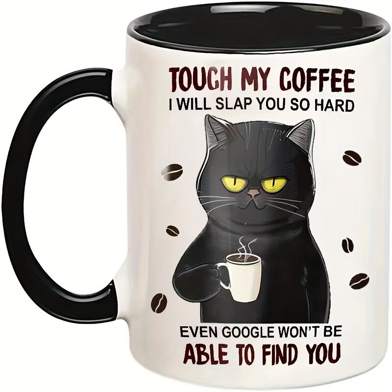 Забавная кружка с изображением кота «Touch My Coffee» — 350 мл. Дерзкая кофейная кружка с изображением черного кота и забавной цитатой для любителей кофе.