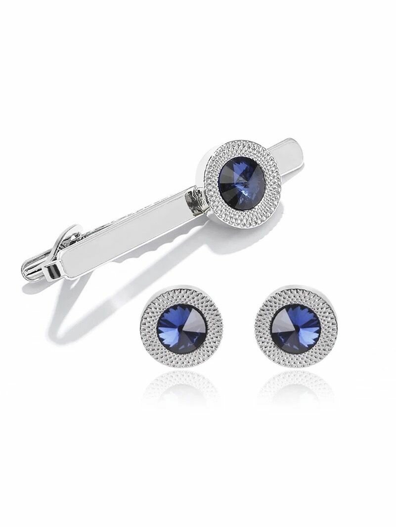 Набор запонки круглые с синим камнем и зажим для галстука