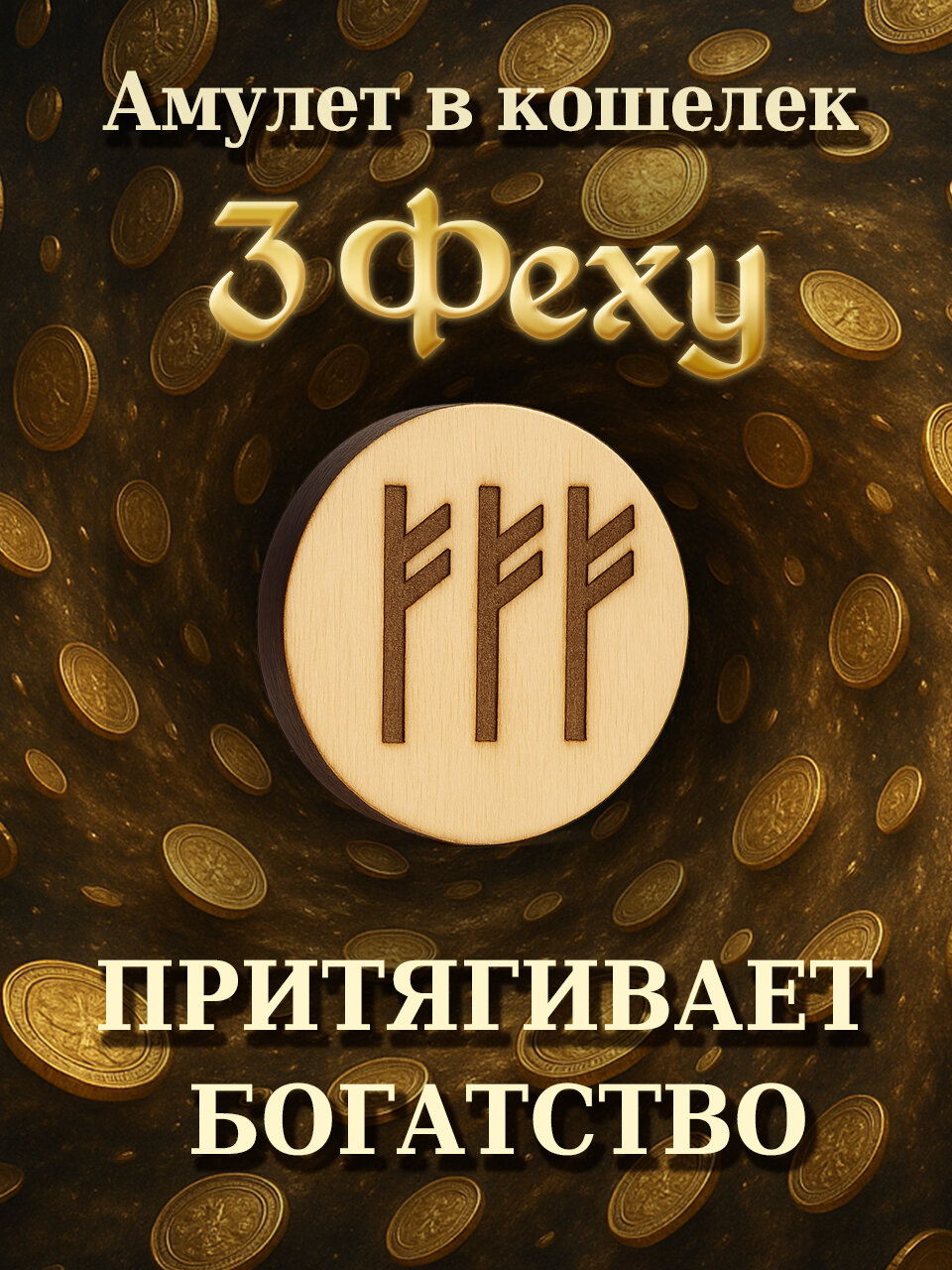 Амулет для денег в кошелек 3 Феху - руническая монета талисман на привлечение прибыли и удачи, материальное благополучие и финансовую стабильность