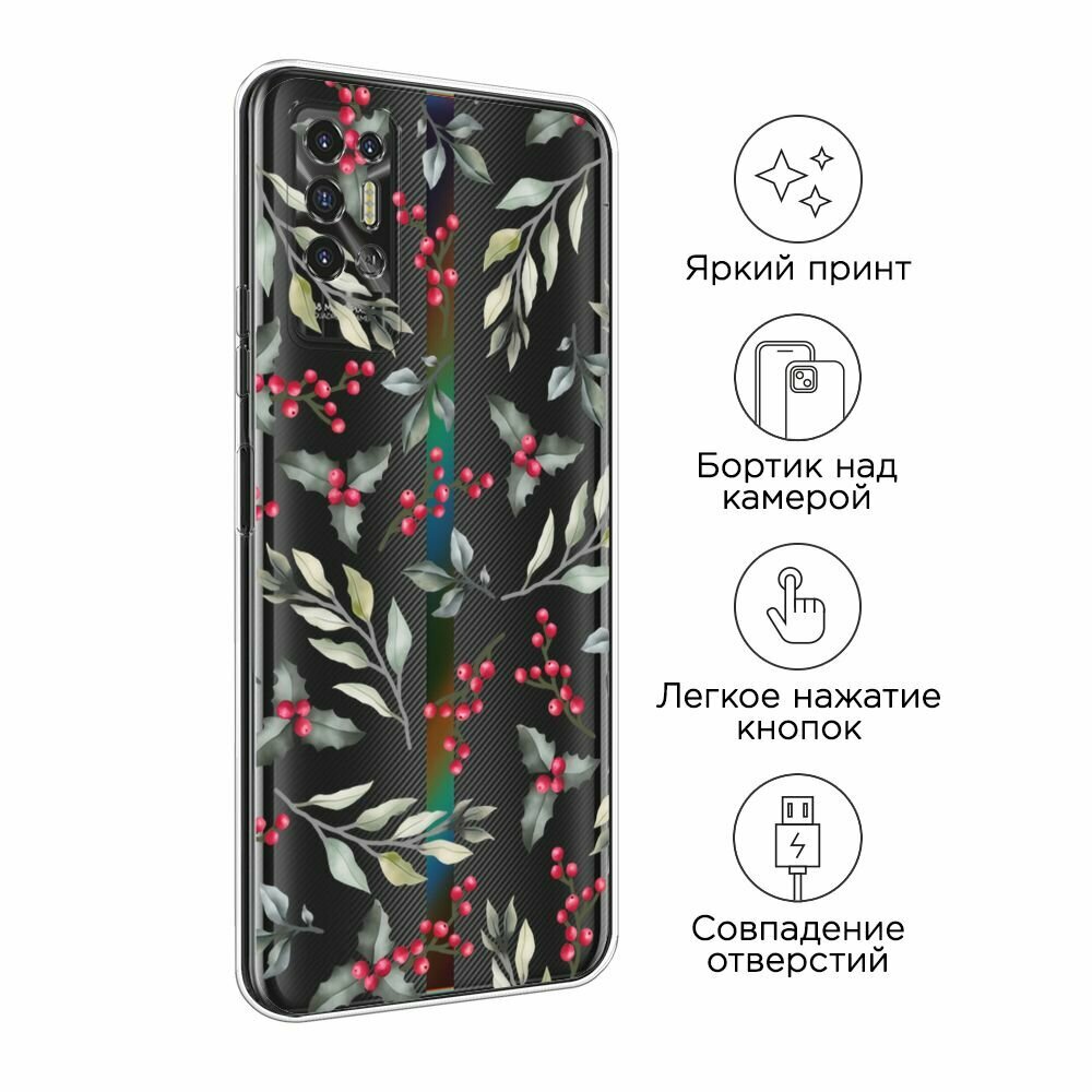 Чехол на Tecno Pova 2 / Текно Пова 2 с принтом Зимние ягоды паттерн, прозрачный — фото 1