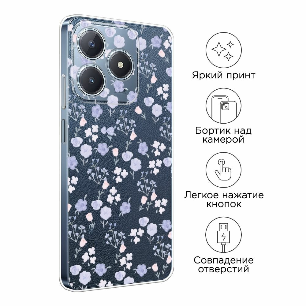 Чехол на Realme C63 / Реалми С63 с принтом "Сиреневые розы паттерн", прозрачный — фото 1
