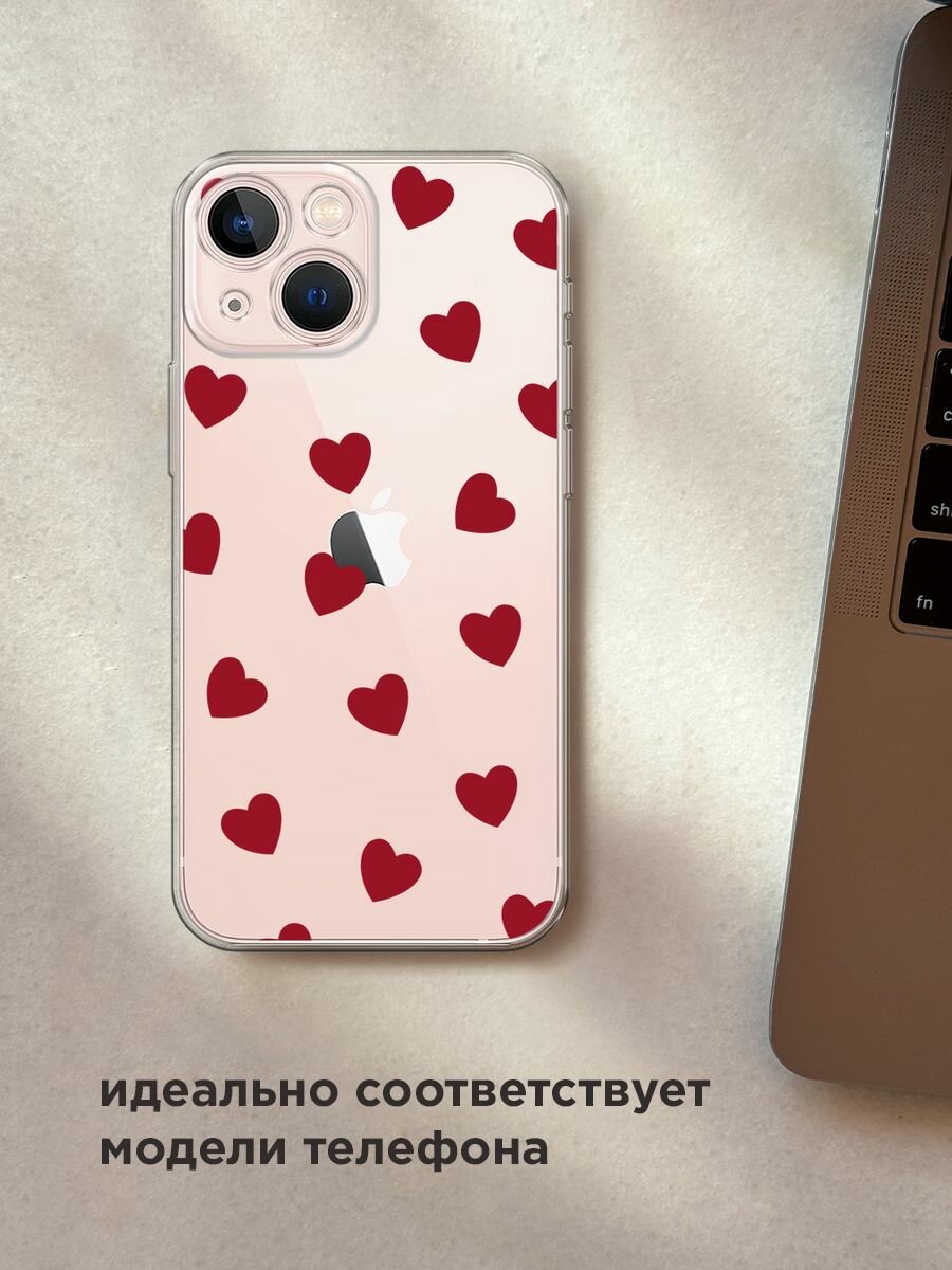 Чехол на Apple iPhone 13 mini / Айфон 13 мини с принтом "Бордовые сердечки паттерн - 14 февраля", прозрачный — фото 1