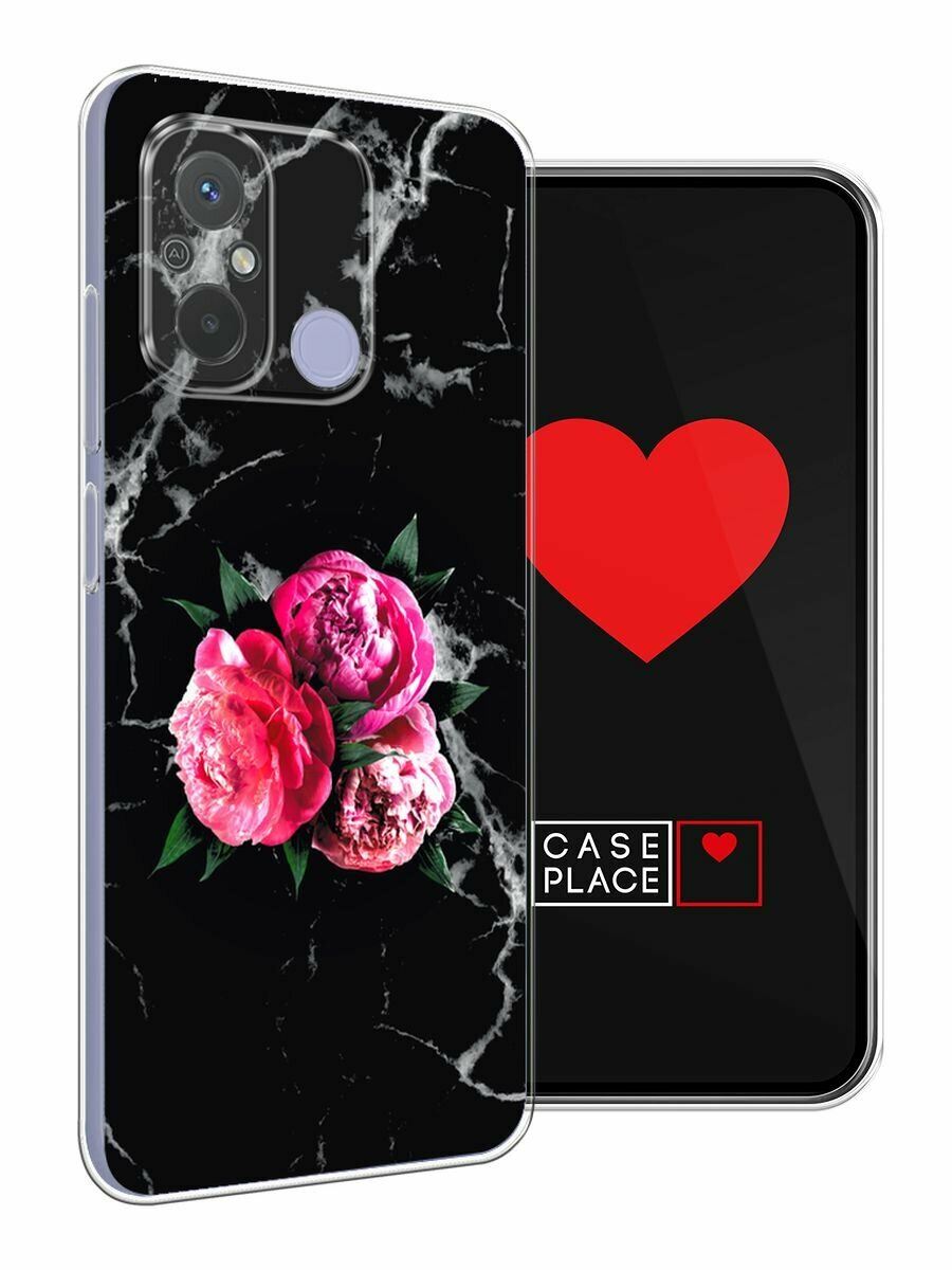 Чехол на Xiaomi Redmi 12C/Poco C55 / Редми 12C/Поко С55 с принтом "Букет на черном мраморе" — фото 1