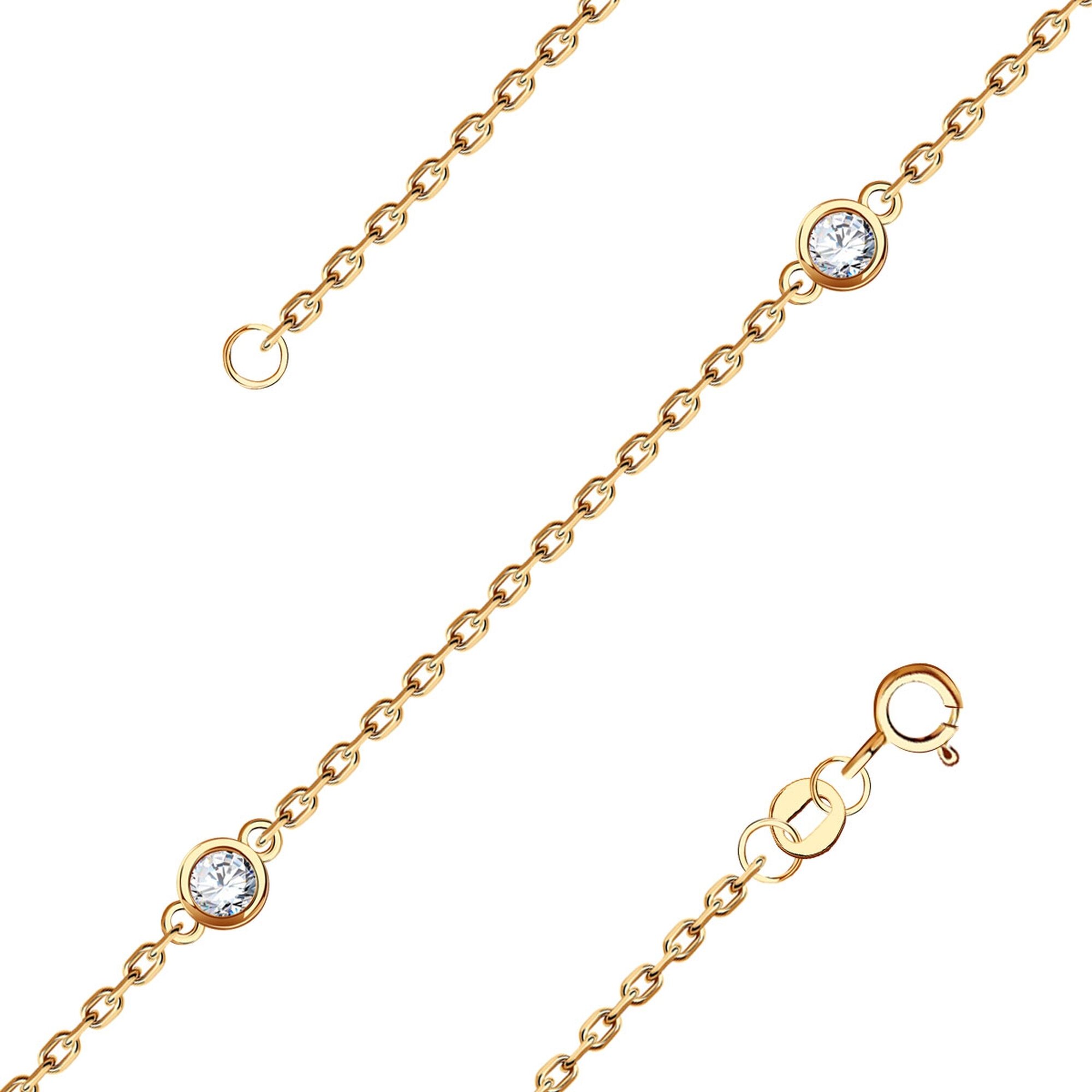 Браслет-цепочка, красное золото, 375 проба, фианит