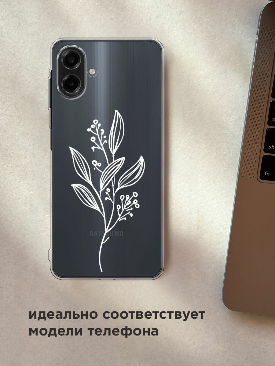 Чехол на Samsung Galaxy A07 / Самсунг А07 с принтом "Ветка с листочками и цветами", прозрачный — фото 1