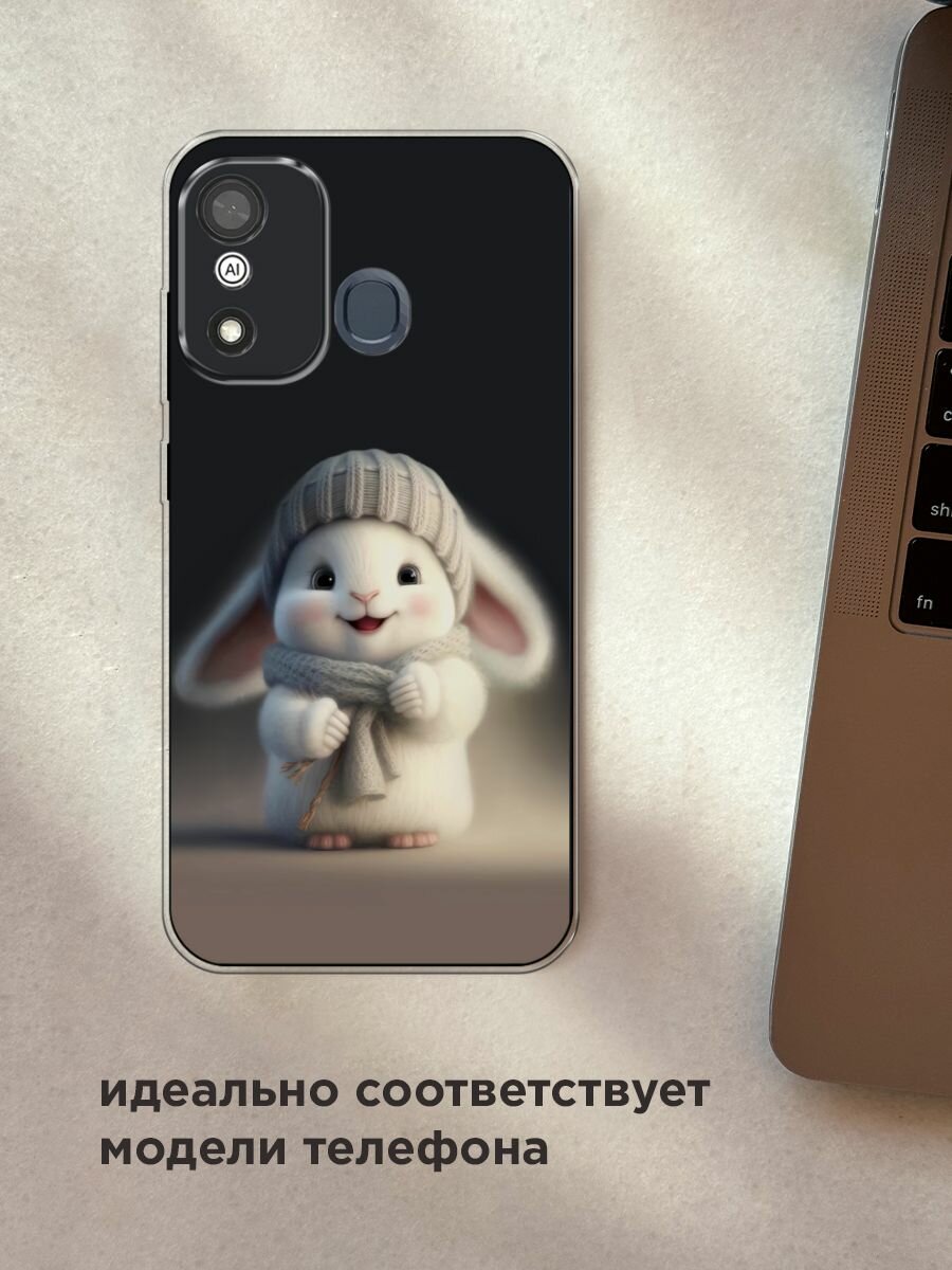 Чехол на Itel A27 / Ител А27 с принтом "Белый крольчонок в шапке" — фото 1