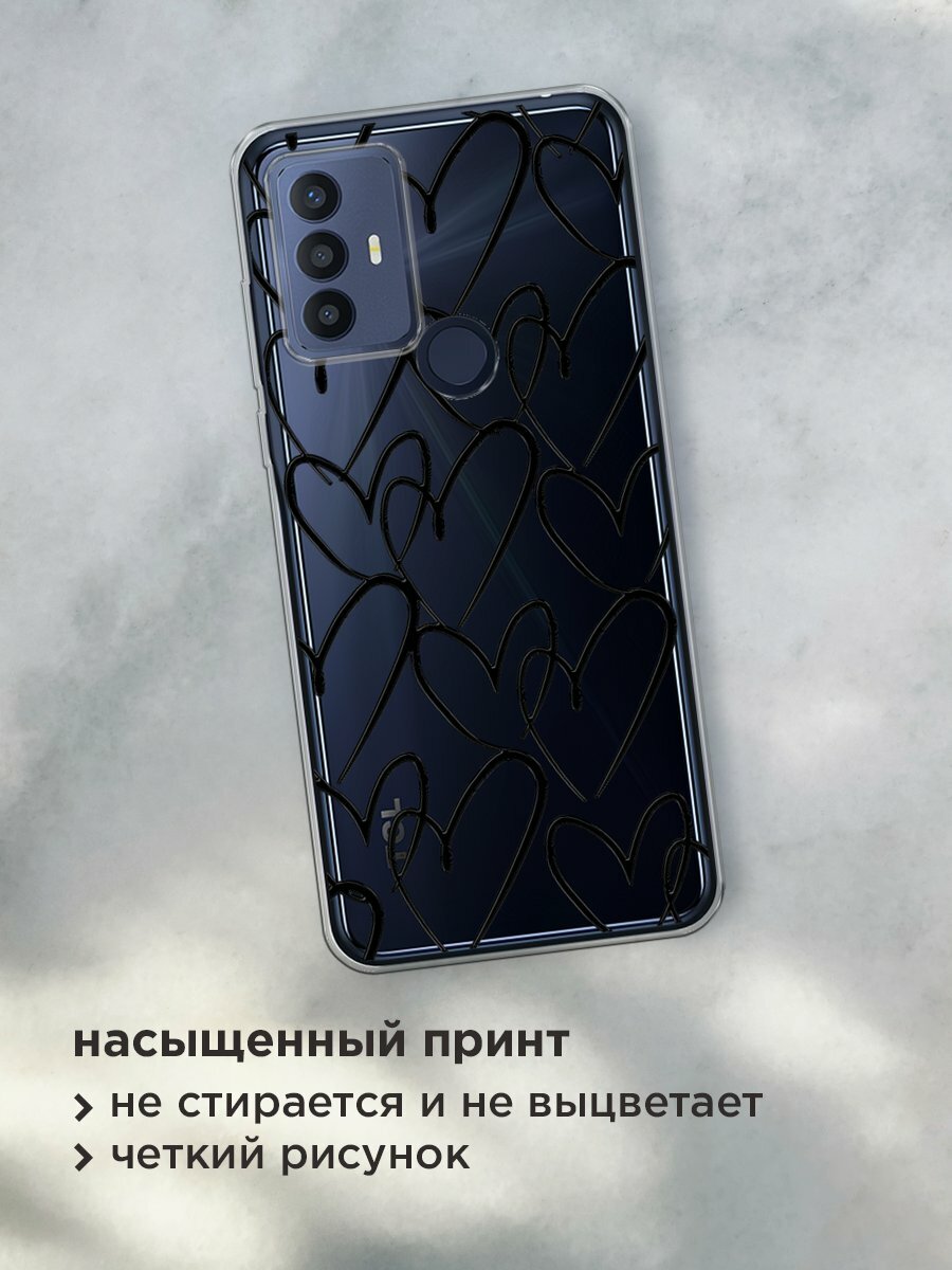 Чехол на TCL 30E/30 SE/305/306 / ТСЛ 30E с принтом "Hearts doodle black 1" — фото 1